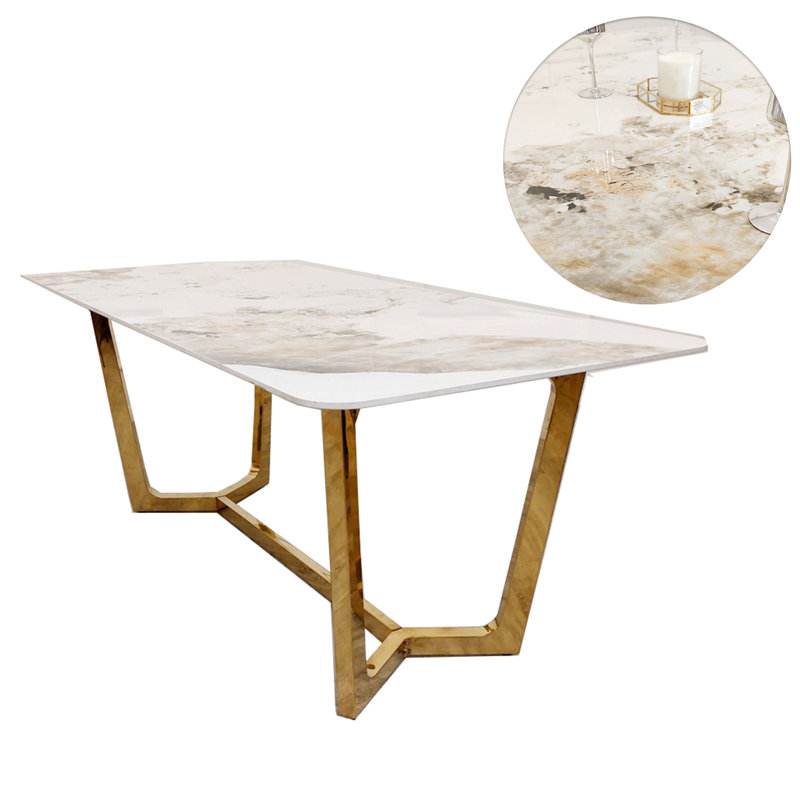 Canora Grey Luxury Lucien 180cm Dining Table Cream Gold Sintered Stone Top Y Legs >-